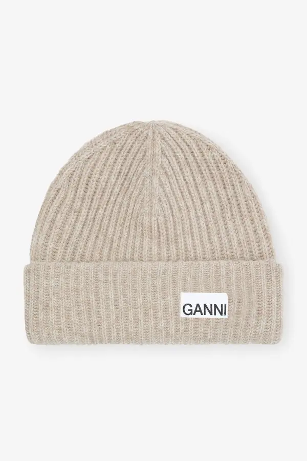 GANNI Fitted Wool Rib Knit Beanie - Beige