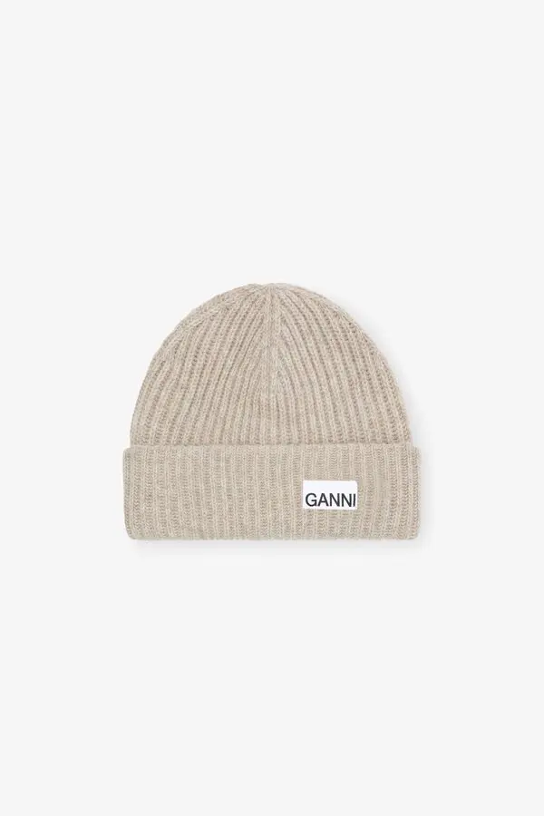GANNI Fitted Wool Rib Knit Beanie - Beige