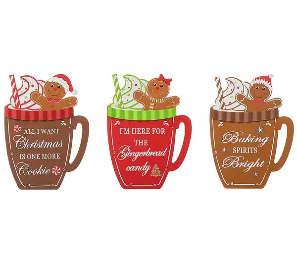 GLITZHOME 8h S/3 Christmas Gingerbread Mugs Table Decor - One-color