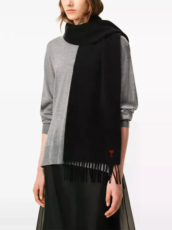 AMI Paris De Coeur Fringed Wool Scarf - Black