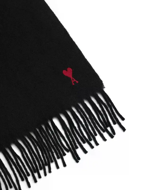 AMI Paris De Coeur Fringed Wool Scarf - Black