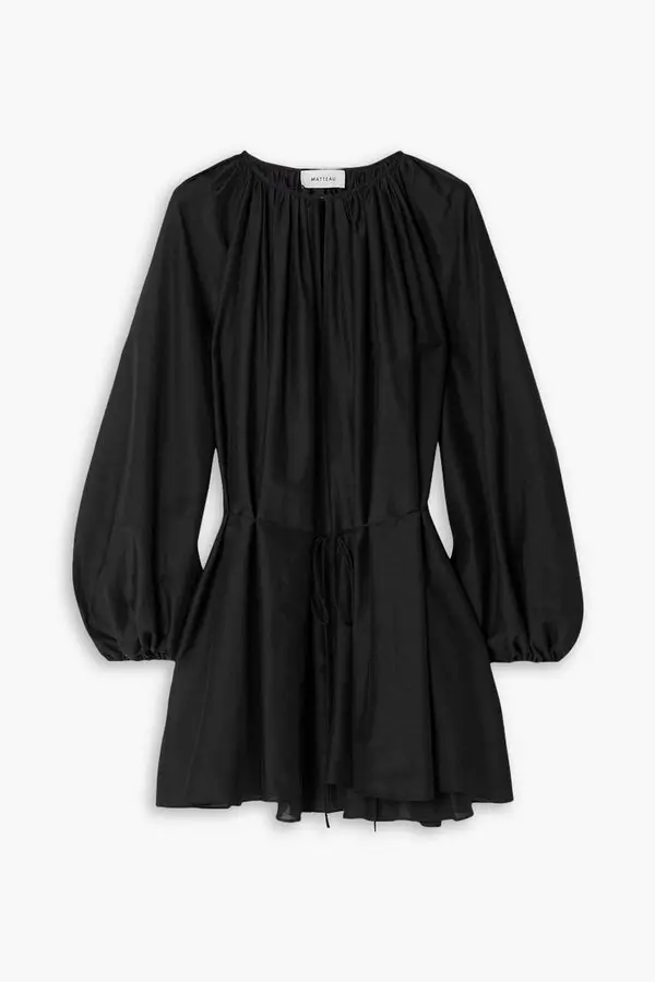 Matteau Belted Gathered Cotton And Silk-blend Mini Dress - Black