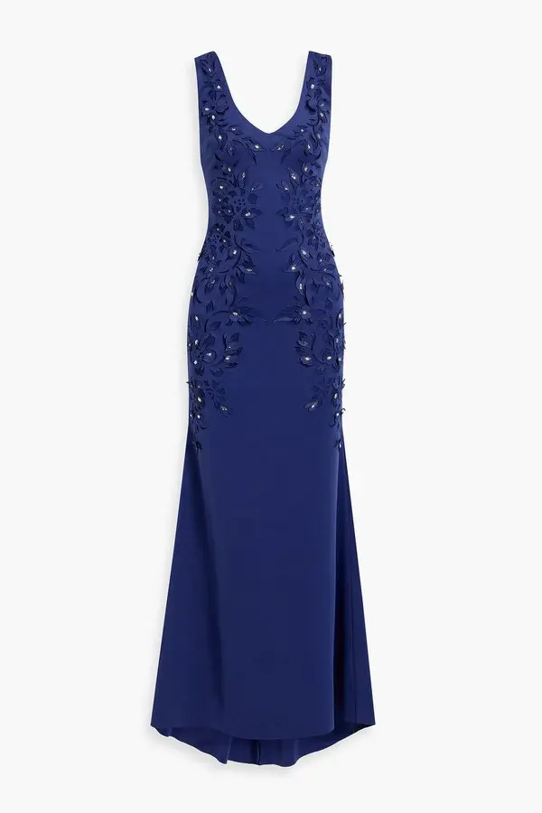 Badgley Mischka Crystal-Embellished Laser-Cut Scuba Gown In Indigo - 85%  Off | Editorialist