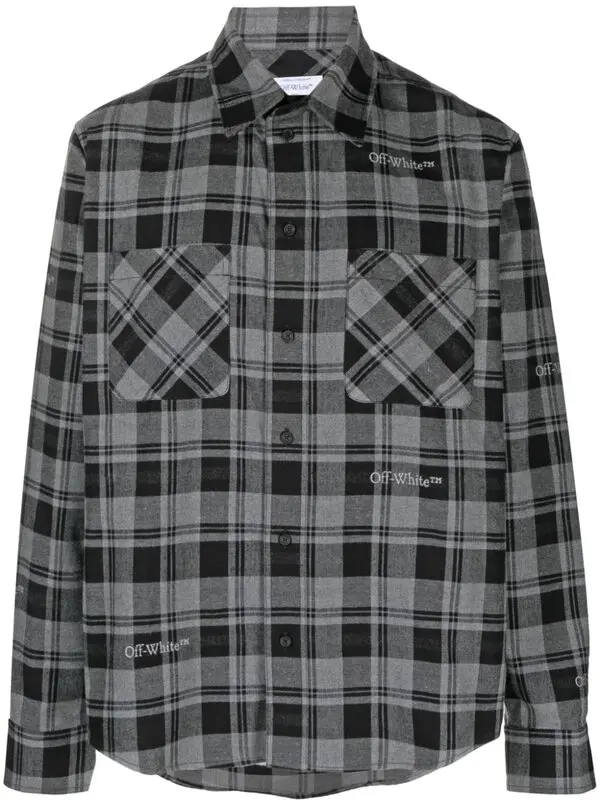 Off-White Logo-embroidered Checked Cotton Shirt - Grey