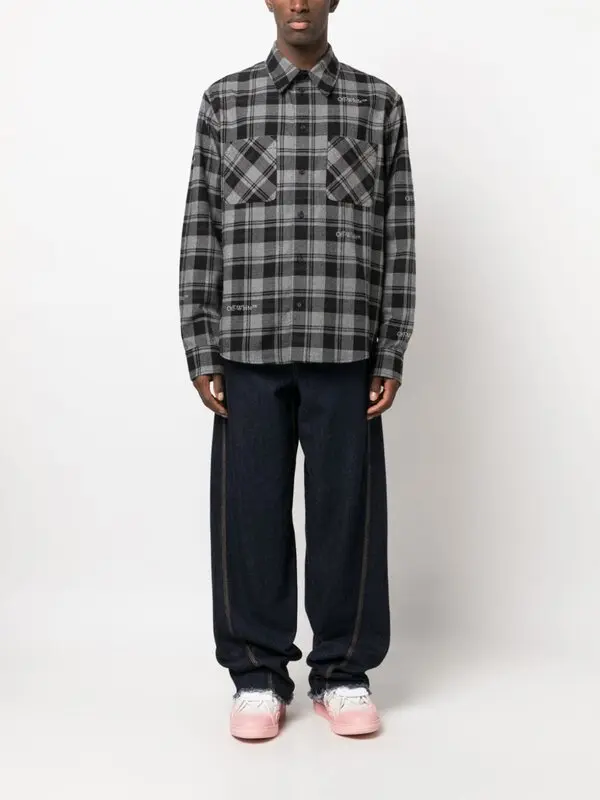 Off-White Logo-embroidered Checked Cotton Shirt - Grey