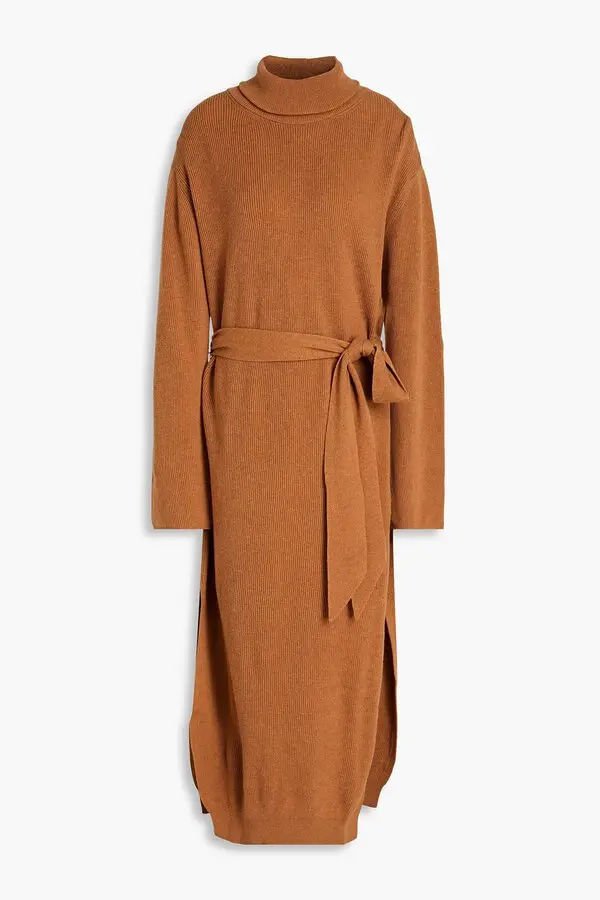 knit dress with side slits Black Ribbed Knit Off Shoulder Side Slit Sweater Dress main image 0