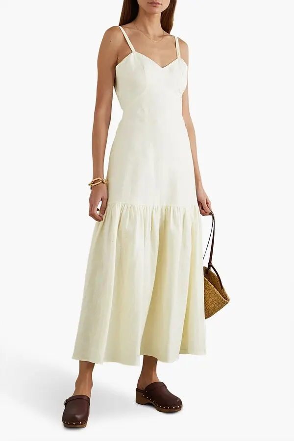 Peony Swimwear Open-Back Tiered Linen Midi Dress In Pastel Yellow - 85% Off  | Editorialist