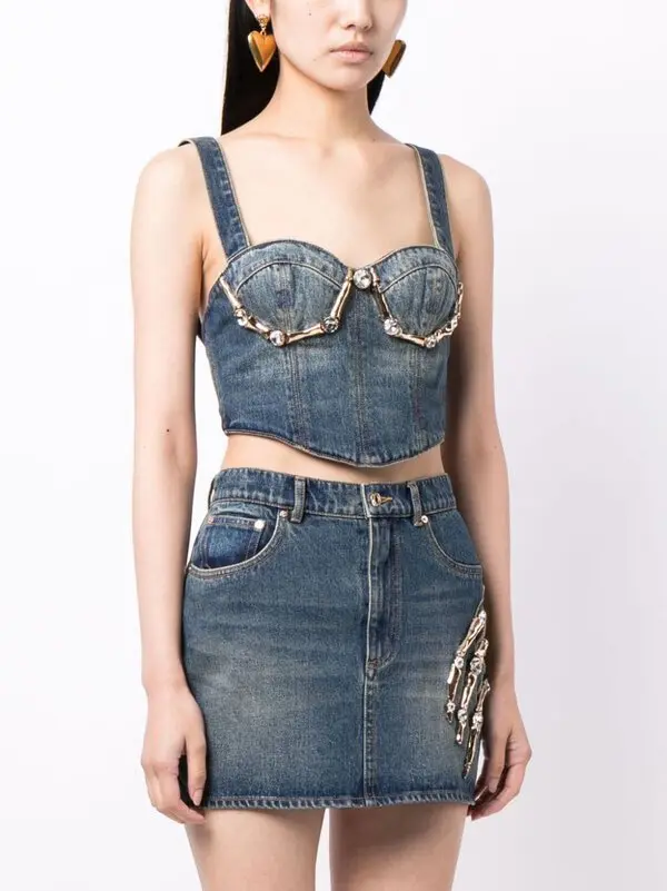 AREA Claw Cup Crystal-embellished Denim Bustier