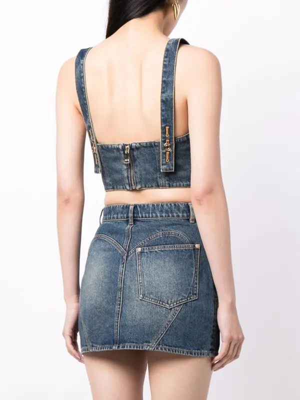 AREA Claw Cup Crystal-embellished Denim Bustier