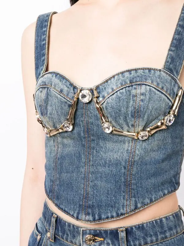 AREA Claw Cup Crystal-embellished Denim Bustier