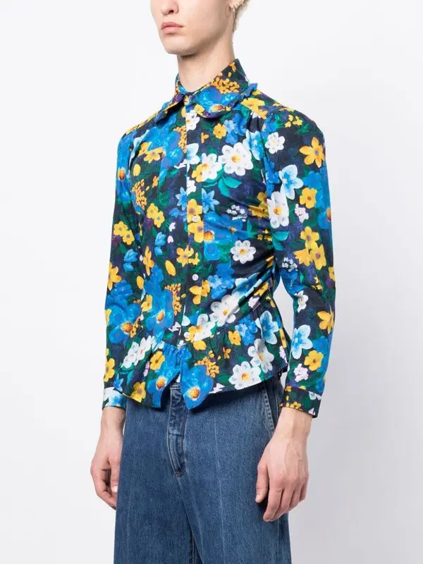 EGONLAB Floral-print Peplum-hem Cotton Shirt