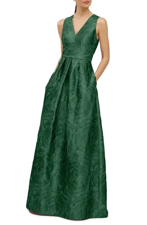 KAY UNGER Mariah Crinkle Pleated Gown - Emerald