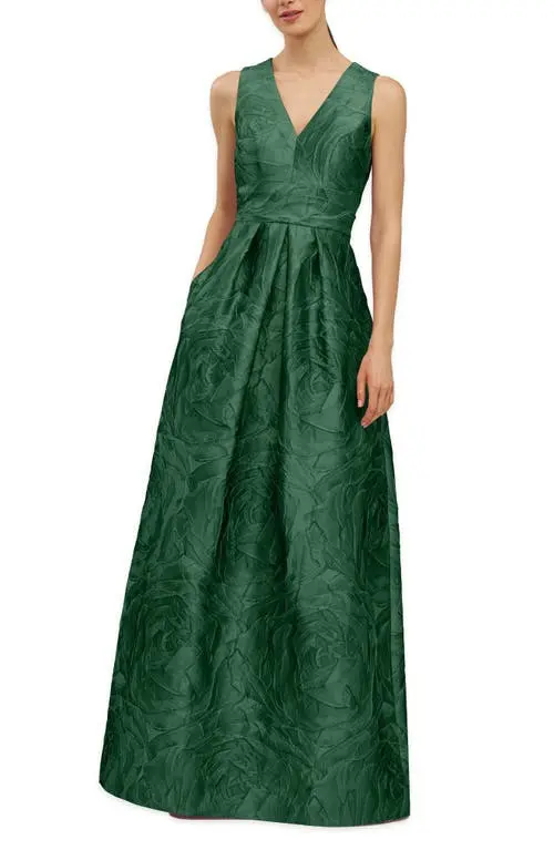 KAY UNGER Mariah Crinkle Pleated Gown - Emerald
