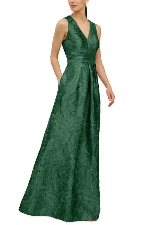 KAY UNGER Mariah Crinkle Pleated Gown - Emerald