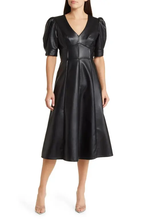 faux leather dress with puff sleeves Puff Sleeve Faux Leather Midi Dress – Good Bull Supply Co main image 0