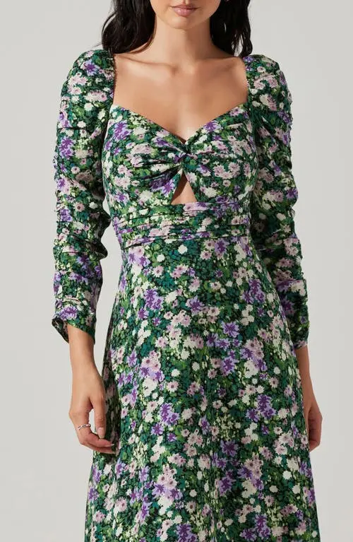 Astr The Label Floral Keyhole Long Sleeve Midi Dress In Green Purple Floral  - 61% Off | Editorialist