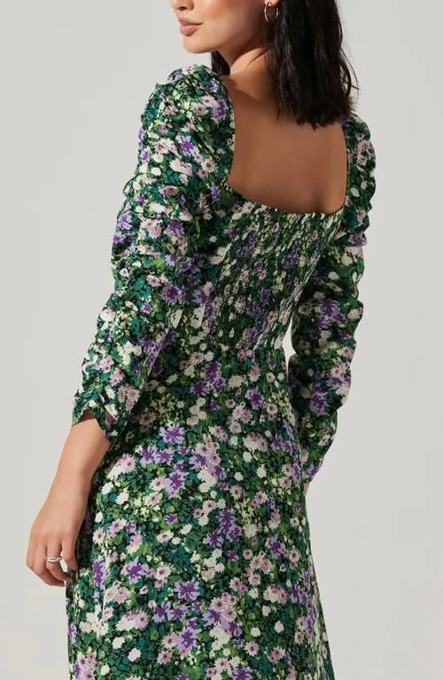 Astr The Label Floral Keyhole Long Sleeve Midi Dress In Green Purple Floral  - 61% Off | Editorialist