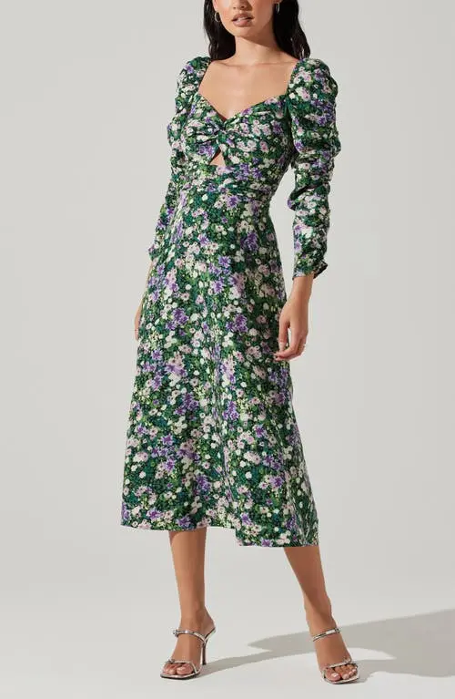 Astr The Label Floral Keyhole Long Sleeve Midi Dress In Green Purple Floral  - 61% Off | Editorialist