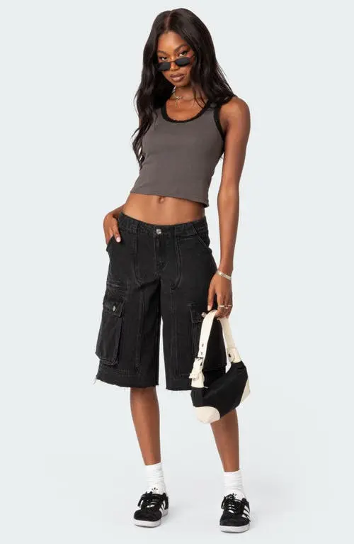 EDIKTED Alix Lace Rib Crop Tank - Gray