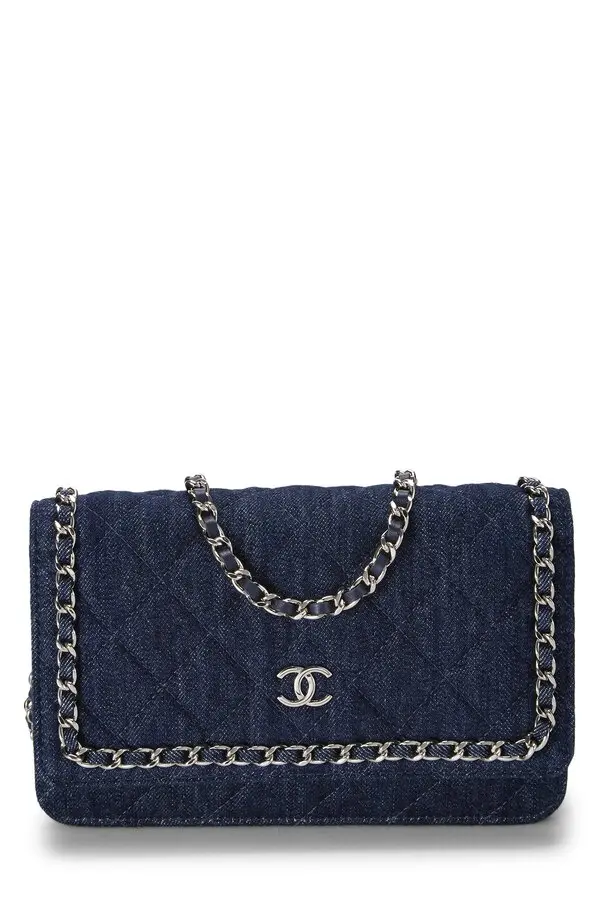 Chanel Quilted Denim Wallet On Chain - Blue