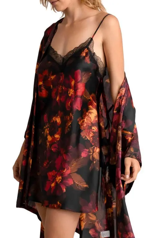 MIDNIGHT BAKERY Dylan Floral Print Lace Trim Satin Chemise