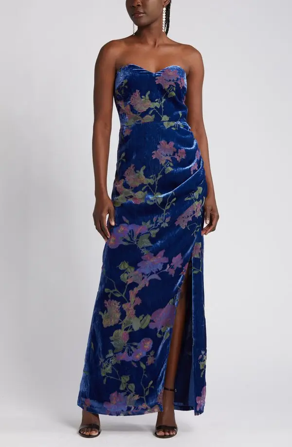 Lulus Floral Velvet Burnout Strapless Gown