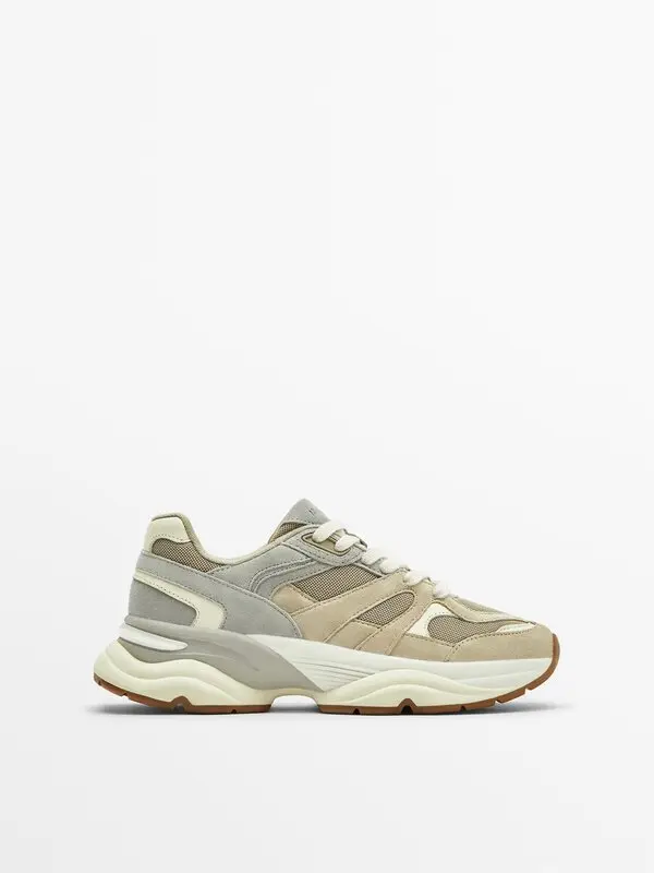 Massimo Dutti Contrast Split Suede Mesh Trainers In Multicolored