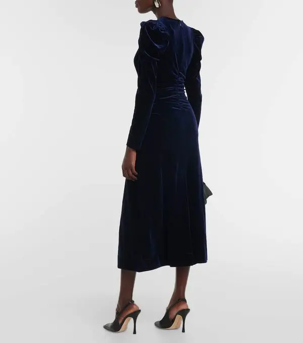 Ganni Ruched Velvet Midi Dress - Blue | Editorialist