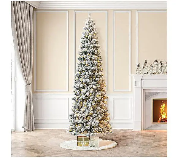 GLITZHOME 11' Pre-lit Flocked Pine Artificial Christmas Tree - One-color