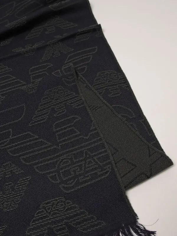 Emporio Armani Wool Scarf With All-over Logo Pattern - Navy