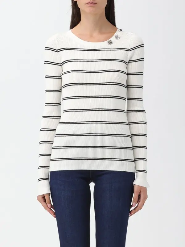 Liu Jo Striped Fine Knit Sweater With Embellished Shoulder