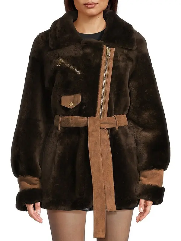 Nicole Benisti Elizabeth Belted Shearling Jacket - Chocolate
