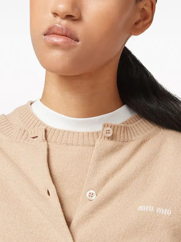 Miu Miu Logo-intarsia Fine-knit Cardigan - Neutrals