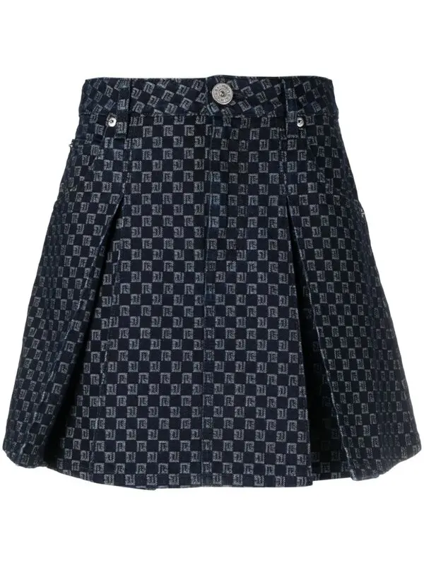 Balmain Pleated Monogram-jacquard Denim Miniskirt