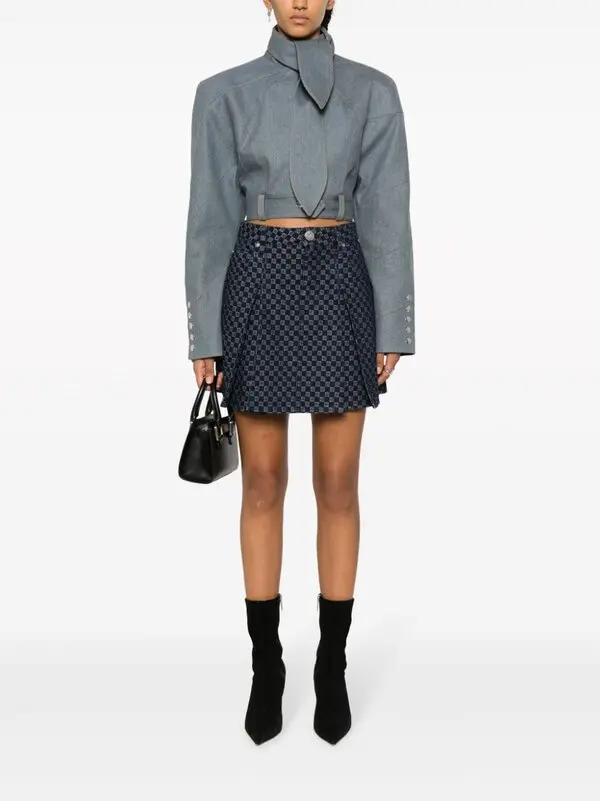 Balmain Pleated Monogram-jacquard Denim Miniskirt