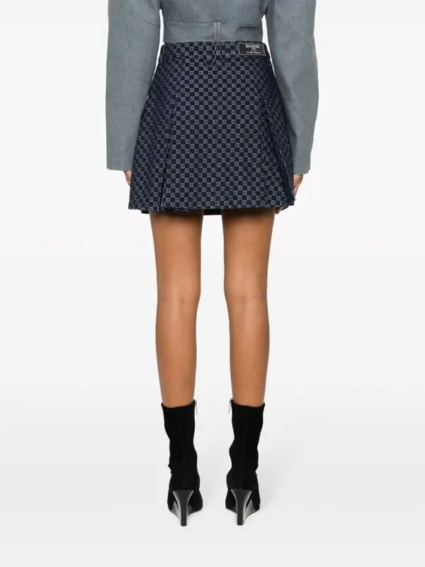 Balmain Pleated Monogram-jacquard Denim Miniskirt