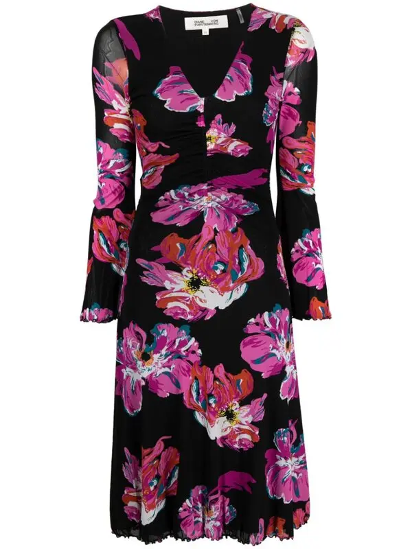 Diane Von Furstenberg Painted Blossom-print Midi Dress - Black