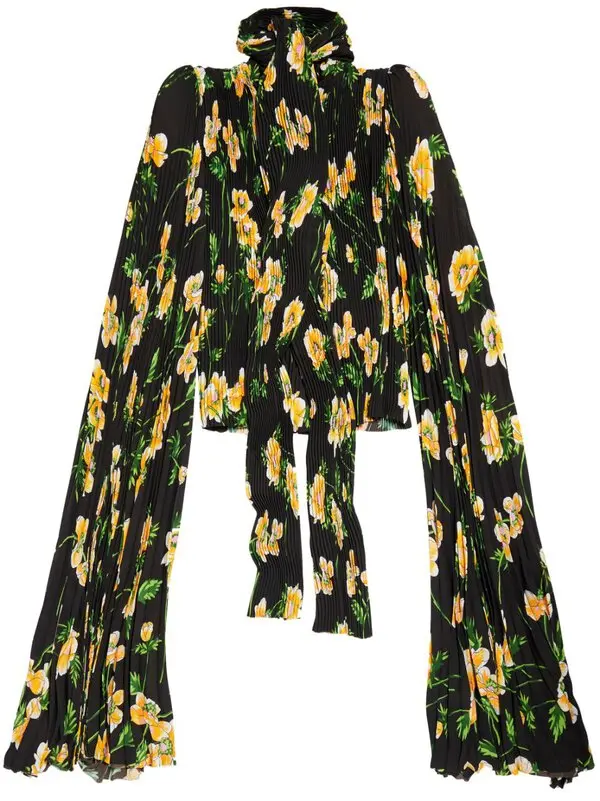 Balenciaga Floral-print Pleated Blouse - Black