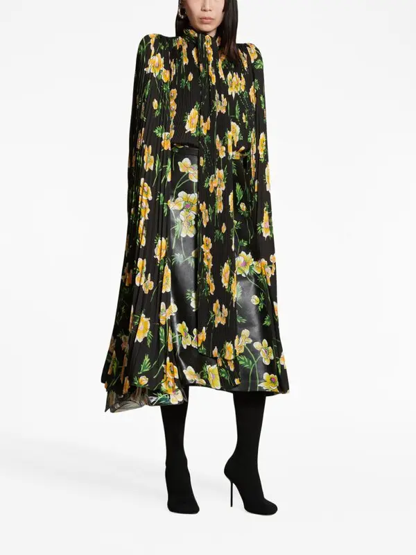 Balenciaga Floral-print Pleated Blouse - Black