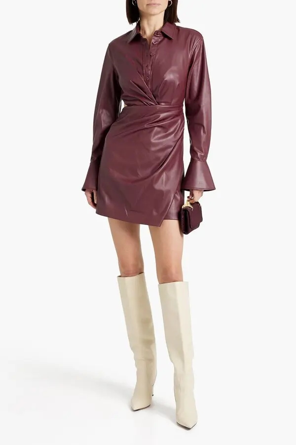 sideways dresses fashion show Faux Leather Belted Dress with Ruched Sleeves Burnt Orange / XL