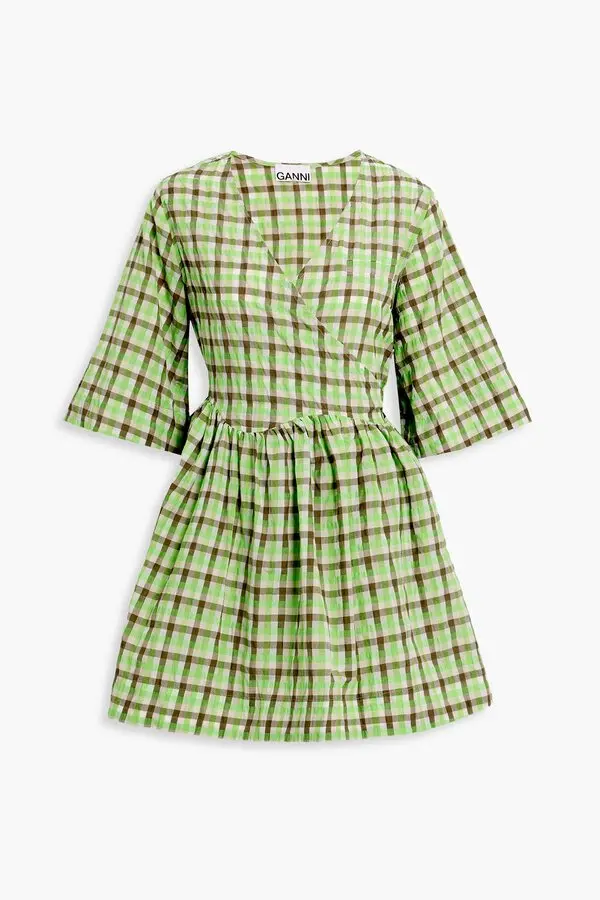 GANNI Checked Cottonblend Seersucker Mini Wrap Dress - Light Green