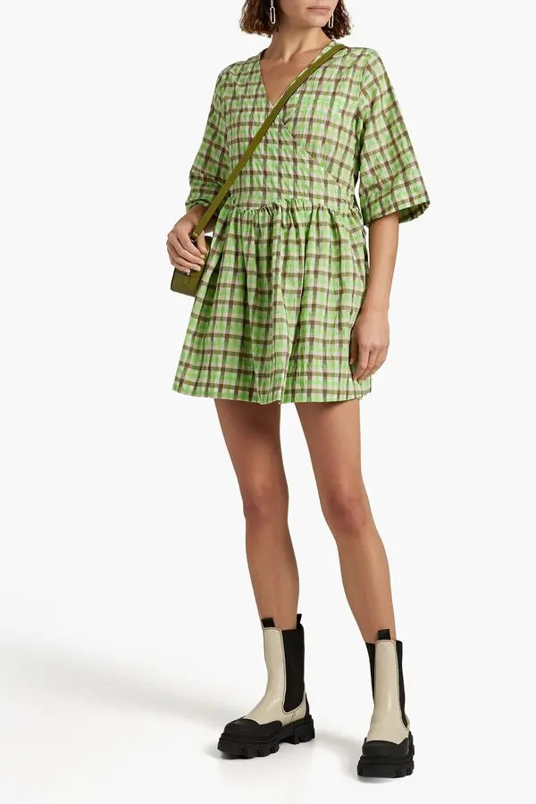 ganni checked cotton-blend seersucker mini dress GANNI Checked Seersucker Mini Dress | Blue