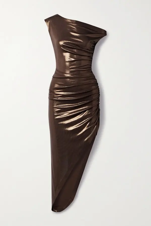 Norma Kamali Asymmetric Draped Ruched Stretch-lamé Dress