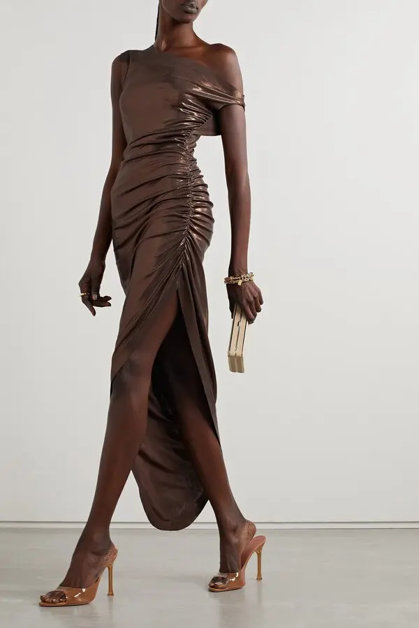 Norma Kamali Asymmetric Draped Ruched Stretch-lamé Dress