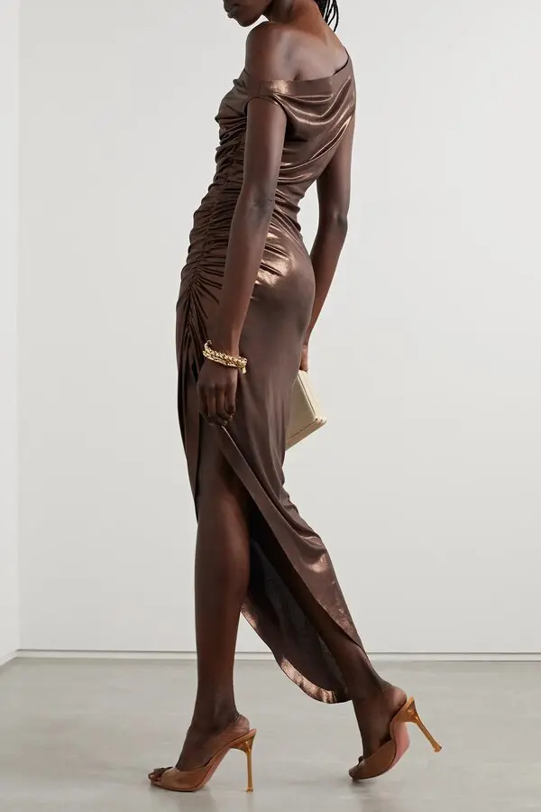 Norma Kamali Asymmetric Draped Ruched Stretch-lamé Dress