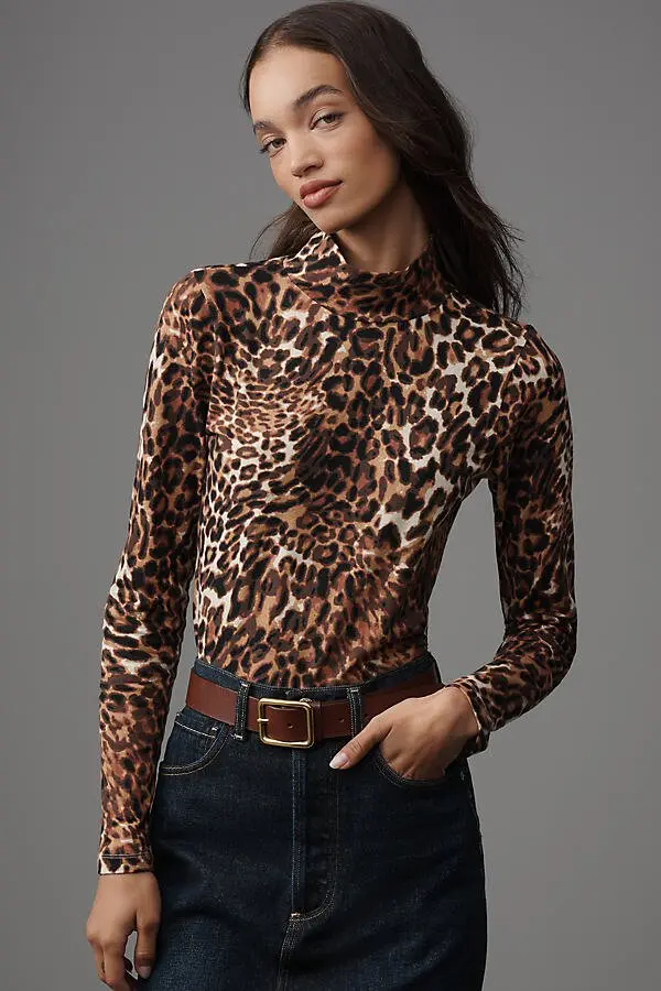Maeve Printed Long-sleeve Turtleneck Top - Cheetah