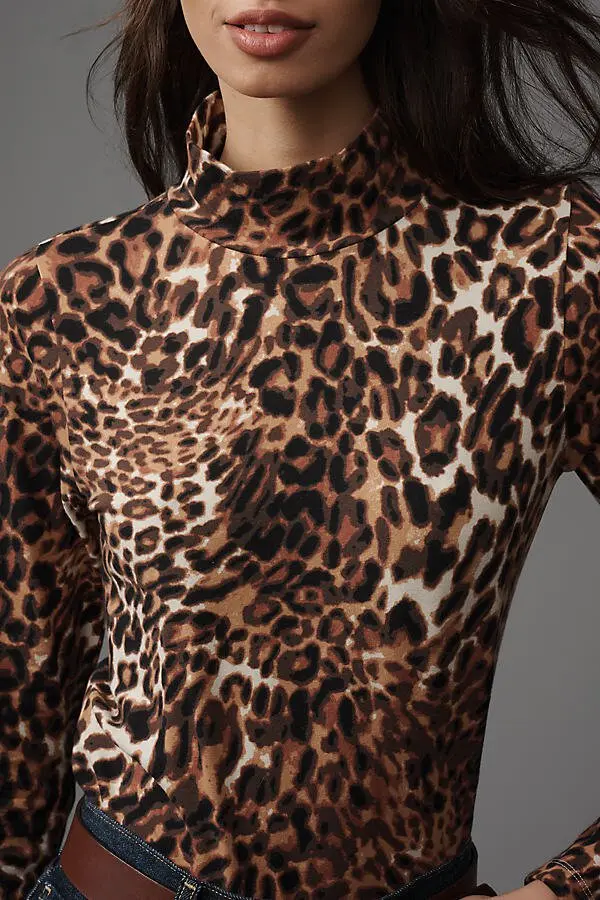 Maeve Printed Long-sleeve Turtleneck Top - Cheetah