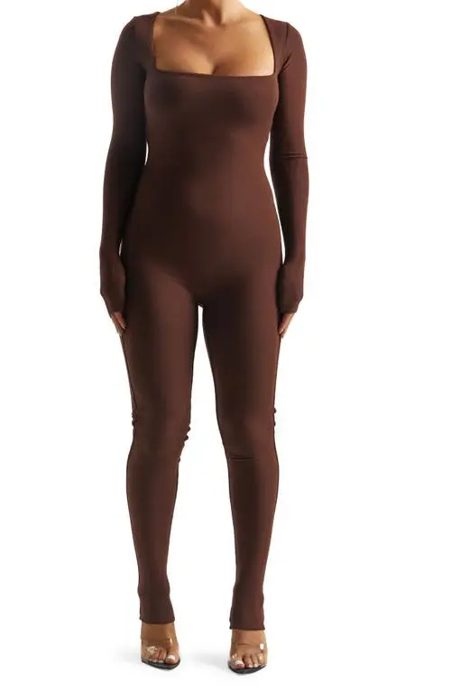 Naked Wardrobe Square Neck Fitted Jumpsuit - Chocolate