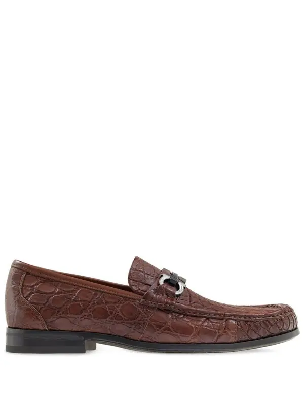 FERRAGAMO Gancini Embossed Crocodile Loafers - Brown