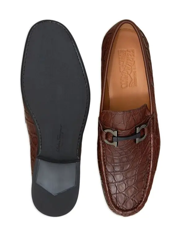 FERRAGAMO Gancini Embossed Crocodile Loafers - Brown